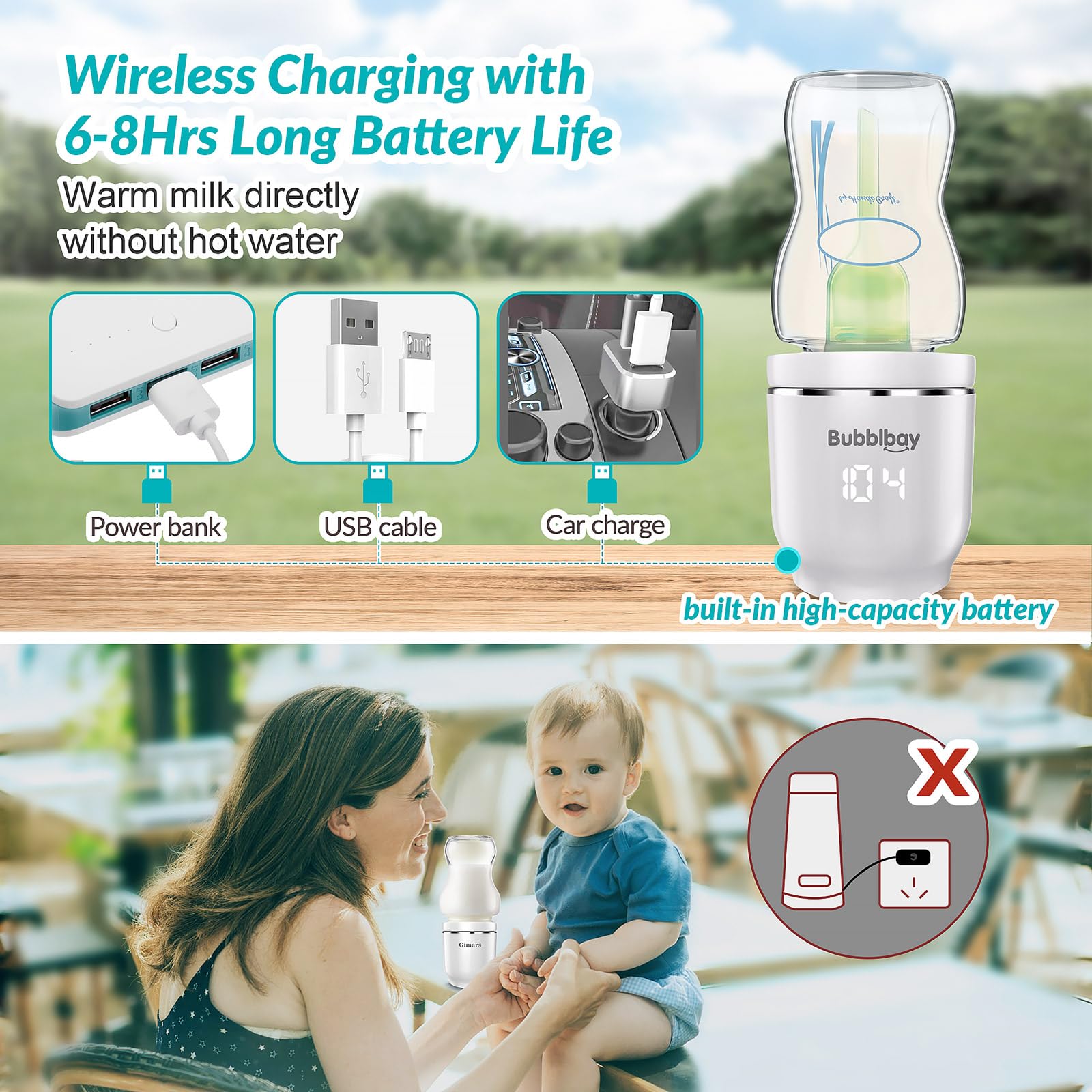 Bubblbay Portable Bottle Warmer,104° Digital Thermostat Baby Bottle Warmer with Upgraded 5 Adapters Leak-Proof Design,Wireless LED Display Travel Bottle Warmer for Breastmilk or Formula