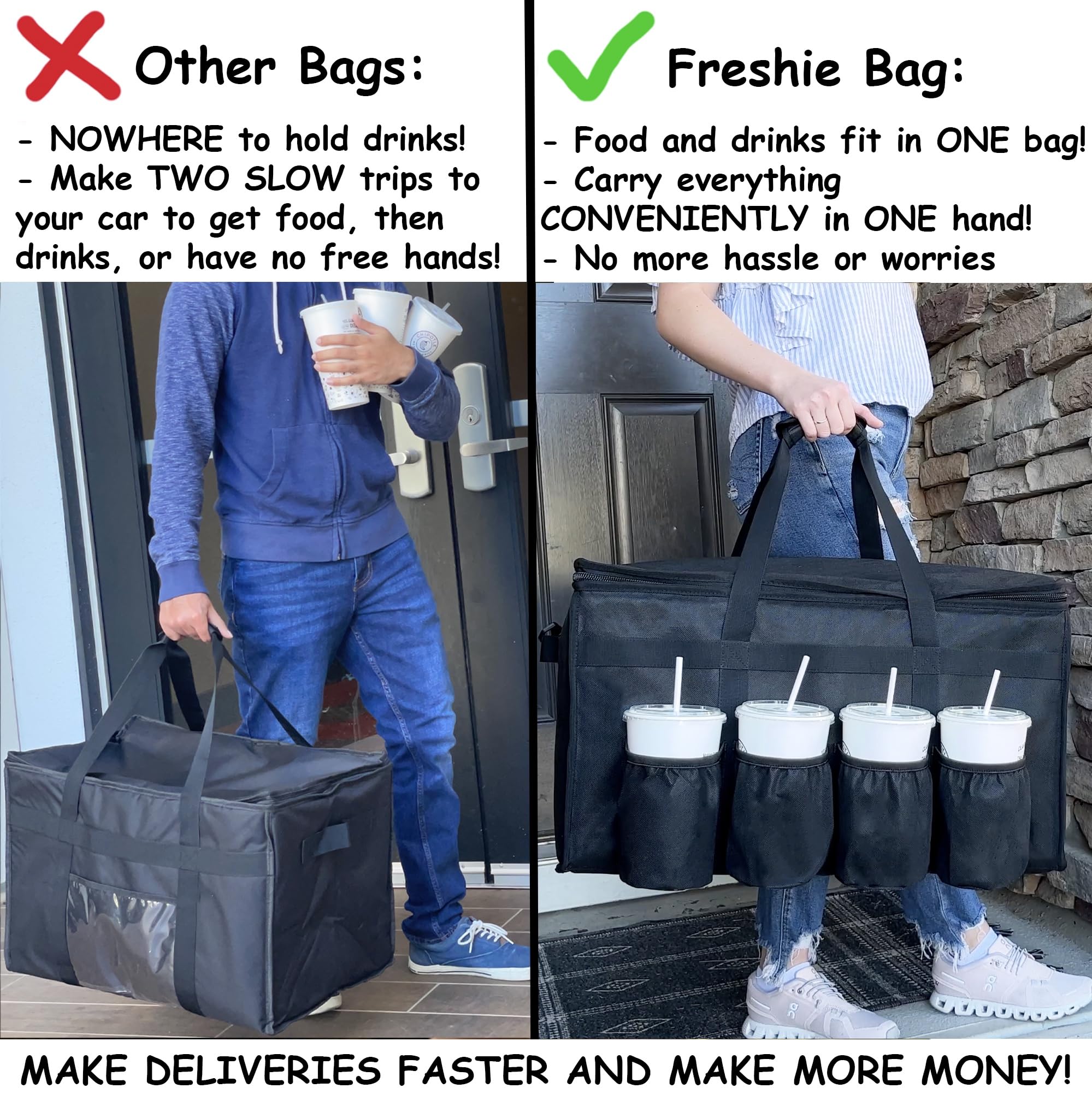 FRESHIE Insulated Food Delivery Bag with Cup Holders/Drink Carriers Premium, For Doordash, Uber Eats, Grubhub, Pizza Bag, Catering, Beverage, Commercial Quality (XL)