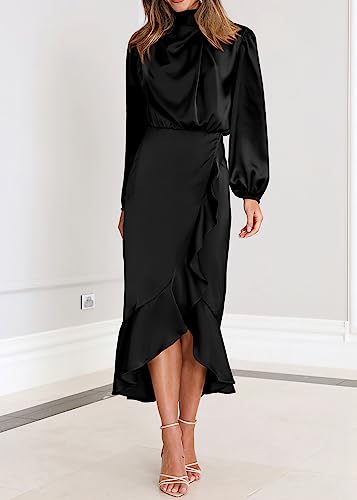 KIRUNDO Women's Fall Satin Mock Neck Wedding Guest Cocktail Midi Dress Long Sleeve Wrap Ruched Ruffle Formal Dresses(Black, Large)