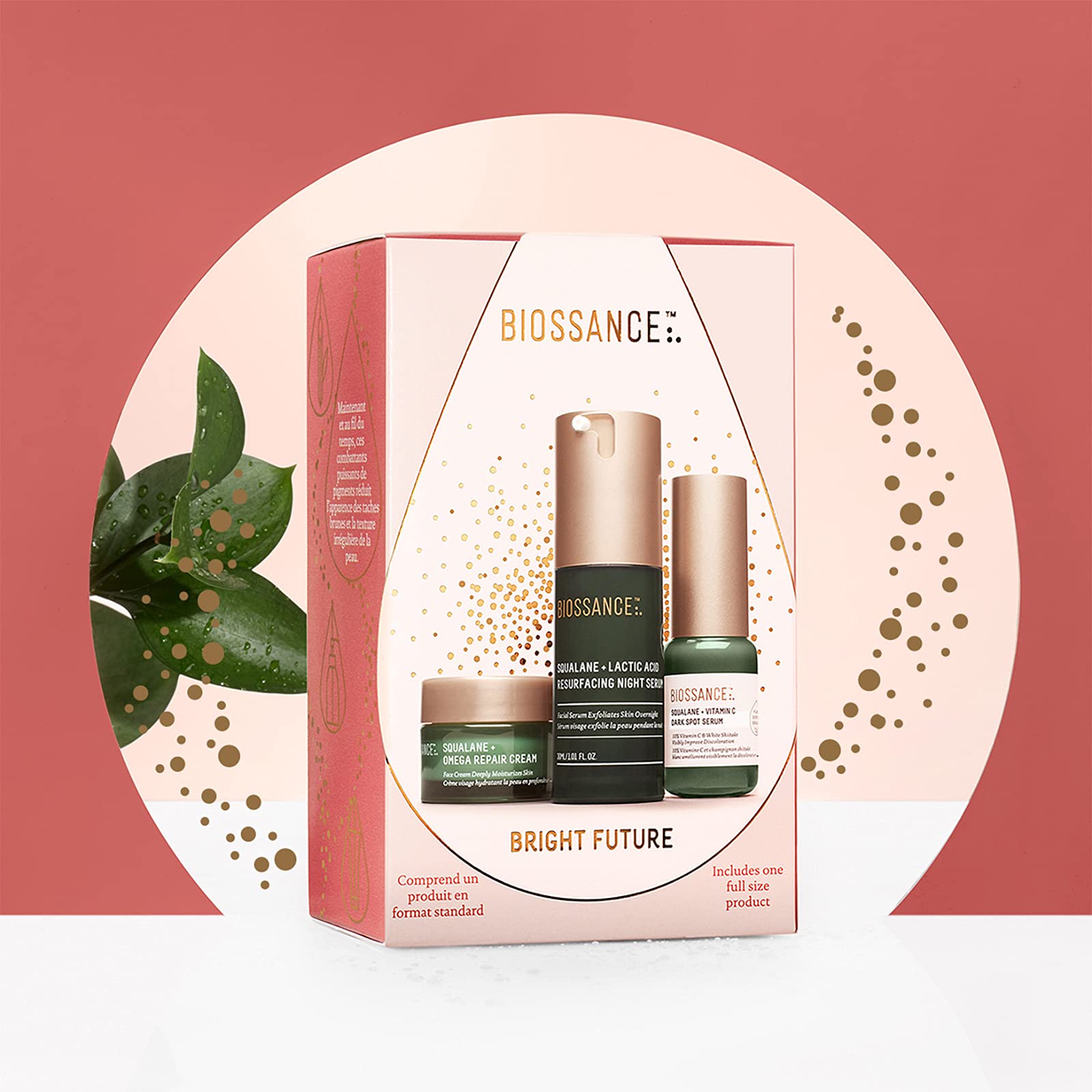 BIOSSANCE Bright Future Set. Full Size Squalane + Lactic Acid Resurfacing Night Serum (1 oz) with Vitamin C Dark Spot Serum (.5 oz) and Omega Repair Cream (.5 oz)