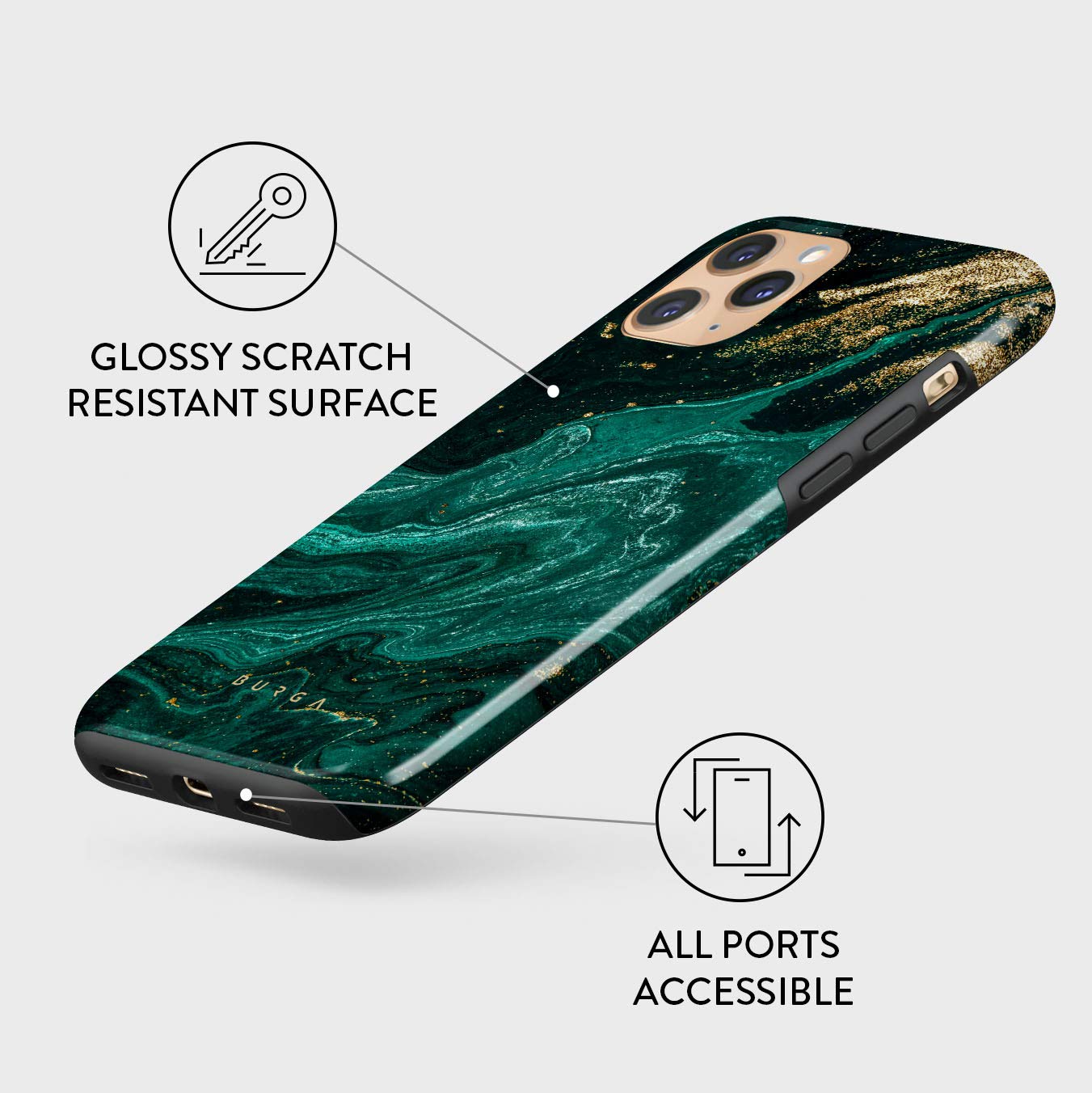BURGA Phone Case Compatible with iPhone 11 PRO MAX - Hybrid 2-Layer Hard Shell + Silicone Protective Case -Emerald Green Jade Stone Luxury Gold Glitter Marble - Scratch-Resistant Shockproof Cover