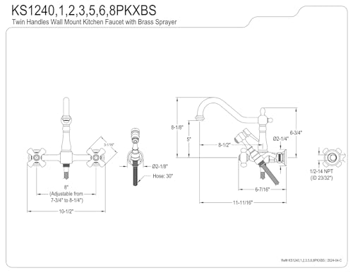 Kingston Brass KS1241PKXBS Duchess Wall Mount Bridge Kitchen Faucet with Brass Spray, Polished Chrome, 8-1/2 inch in Spout Reach