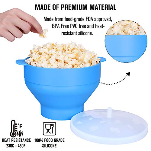 PrettyCare Microwave Popcorn Popper, Silicone Popcorn Popper Bowl, Collapsible Popcorn Maker, BPA Free and Dishwasher Safe Popcorn Machine (Light blue)