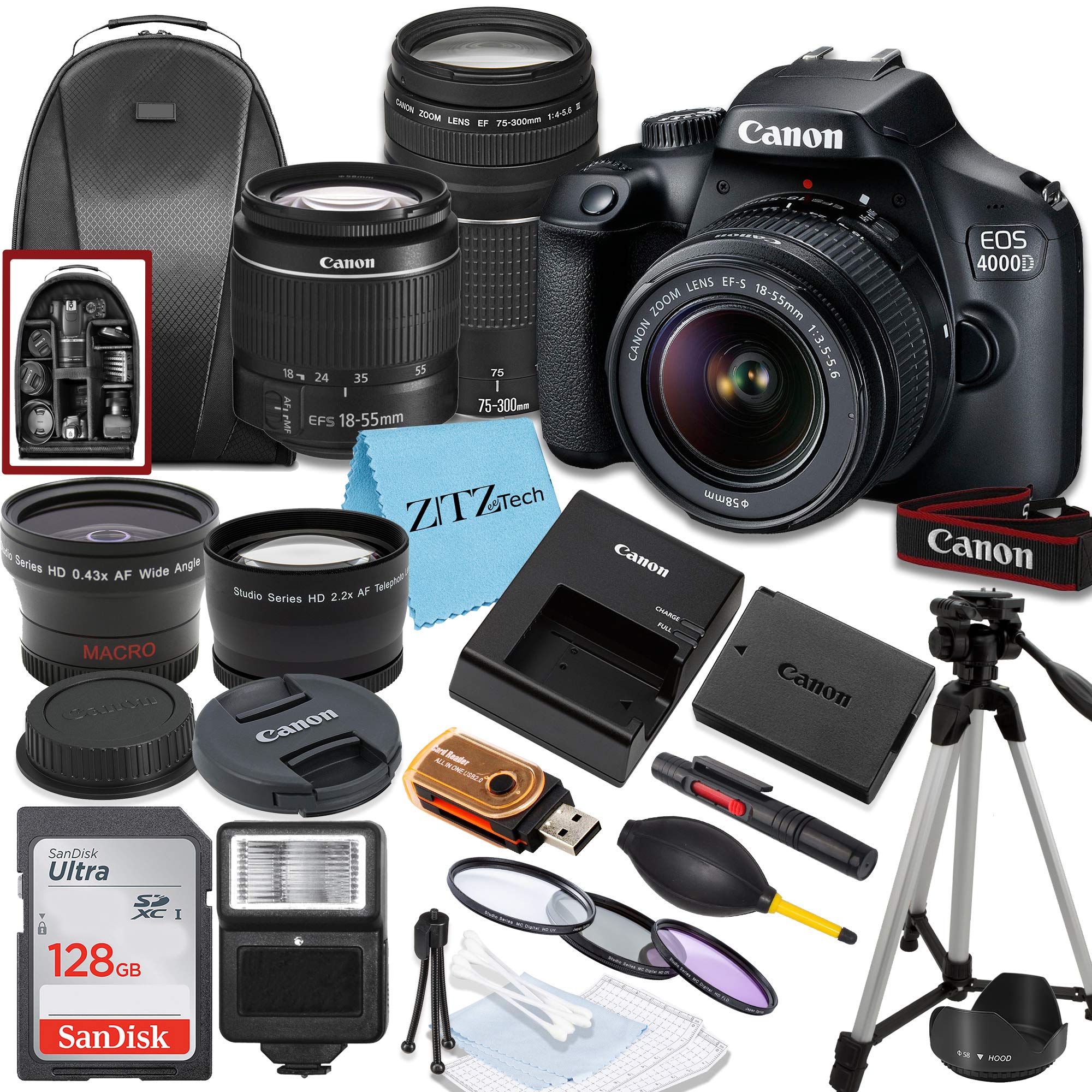 Canon EOS T100/4000D DSLR Camera with EF-S 18-55mm Lens, SanDisk Memory Card, Tripod, Flash, Backpack + ZeeTech Accessory Bundle (Canon 18-55mm + 75-300mm, SanDisk 128GB) (Renewed)
