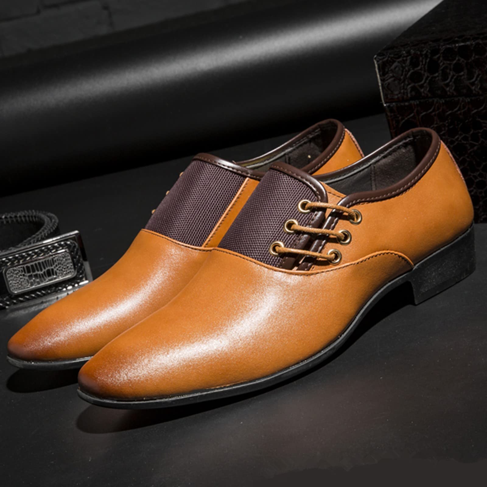 Classical Style Leather Shoes for Men Slip On PU Leather Low Rubber Sole Block Heel Work Casual Boots Wide Yellow