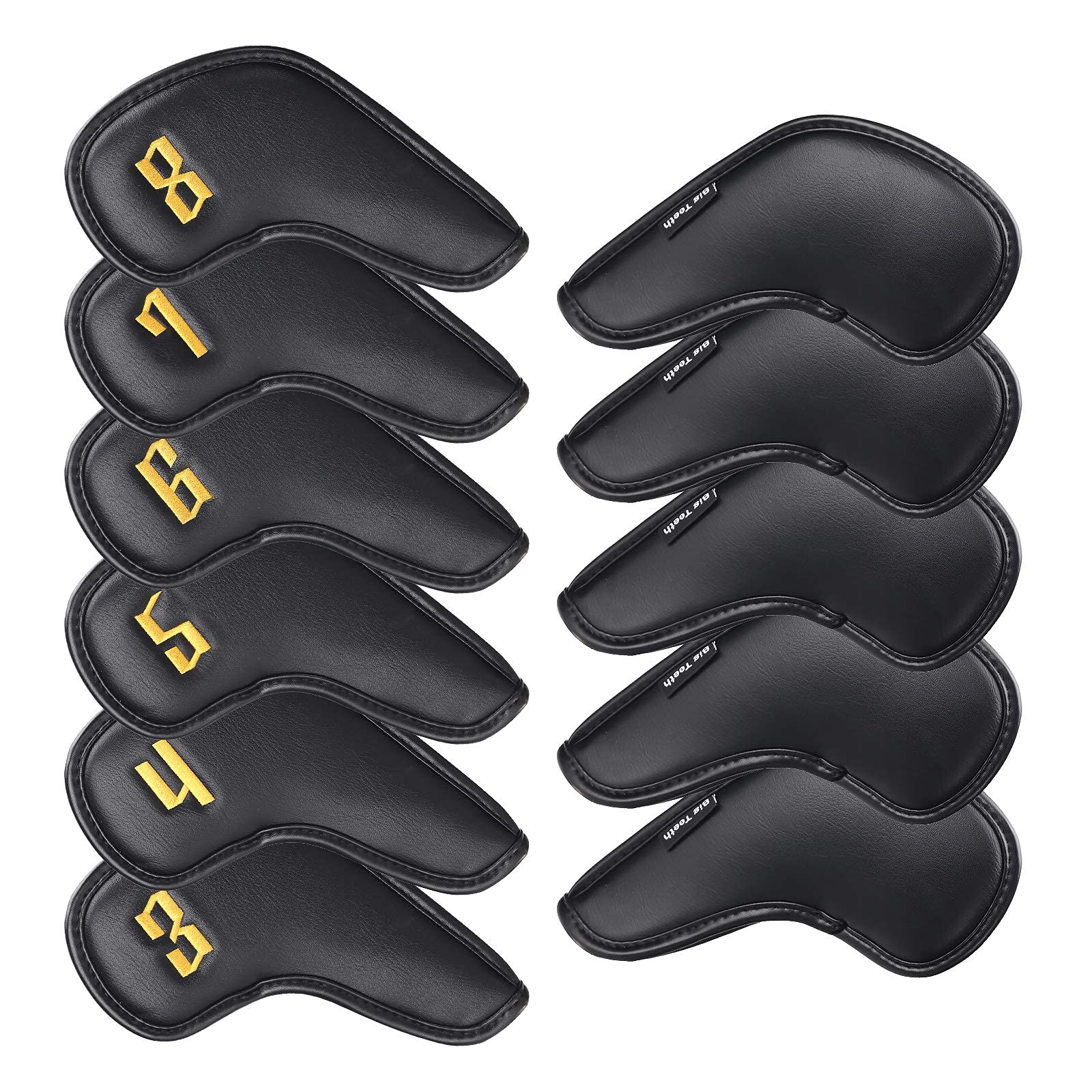 Black 11pcs Golf Iron Covers Long Neck Iron Head Covers, Golf Head Covers Black Leather Iron Covers, Golf Club Covers with Yellow No. Fit Taylormade M2 Callaway Rogue X Ping G710