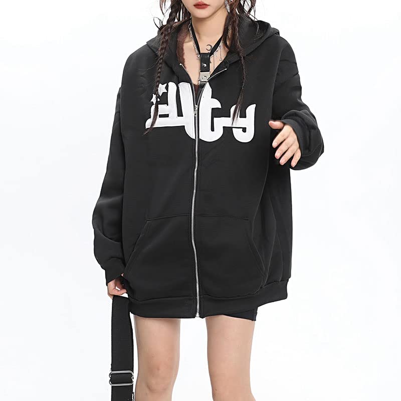 GAI Y2K Full Zip Up Hoodie Women Men Skeleton Skull Gothic Grunge Oversized Aesthetic Sweatshirts Emo Alt Jacket Clothes (L,2-Black)