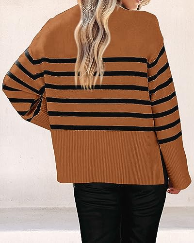 KIRUNDO Women's 2023 Fall Winter Casual Oversized Long Sleeve Striped Sweater Crew Neck Ribbed Knit Side Slit Pullover(Brown, Large)