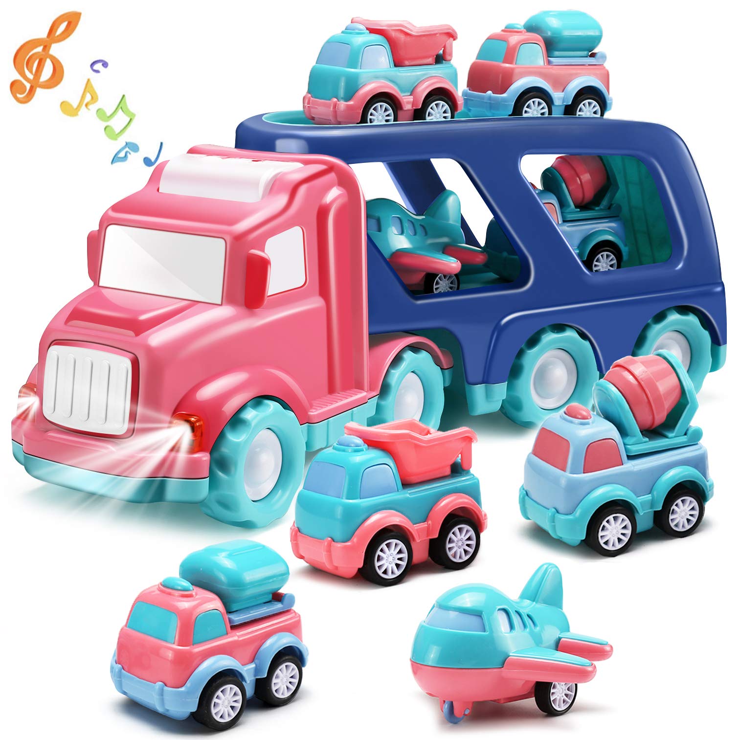 Transport Car Carrier Truck Set with Light and Sound, 5 in 1 Pink Double Deck Container Truck with 4 Mini Cartoon Pull Back Vehicle Construction Car, Gift Toy for Girl Toddler Kid Christmas Birthday