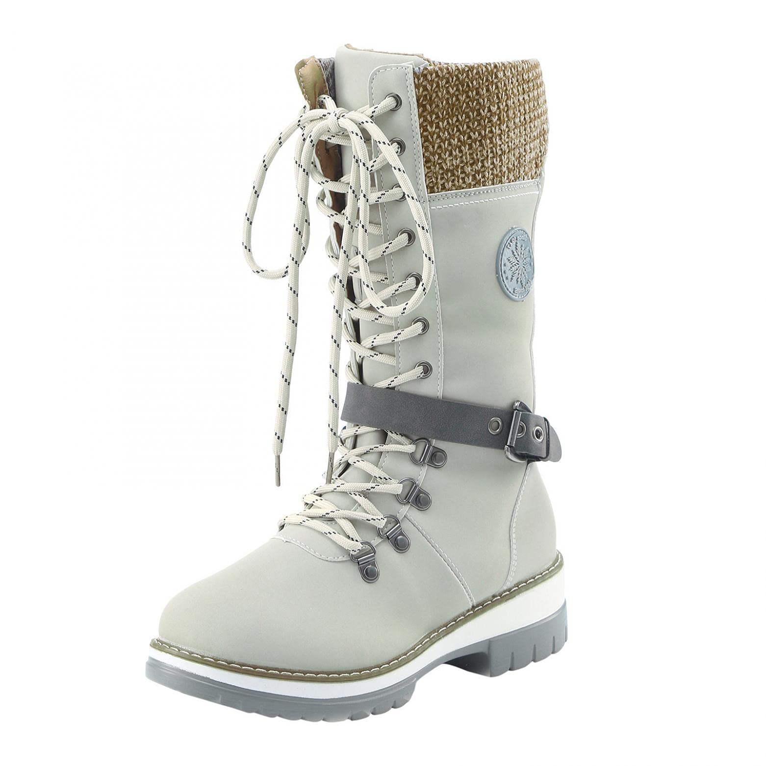 Padaleks Women's Mid Calf Winter Snow Boots Comfortable Outdoor Anti-Slip Combat Booties Lace Up Warm Fur Lined
