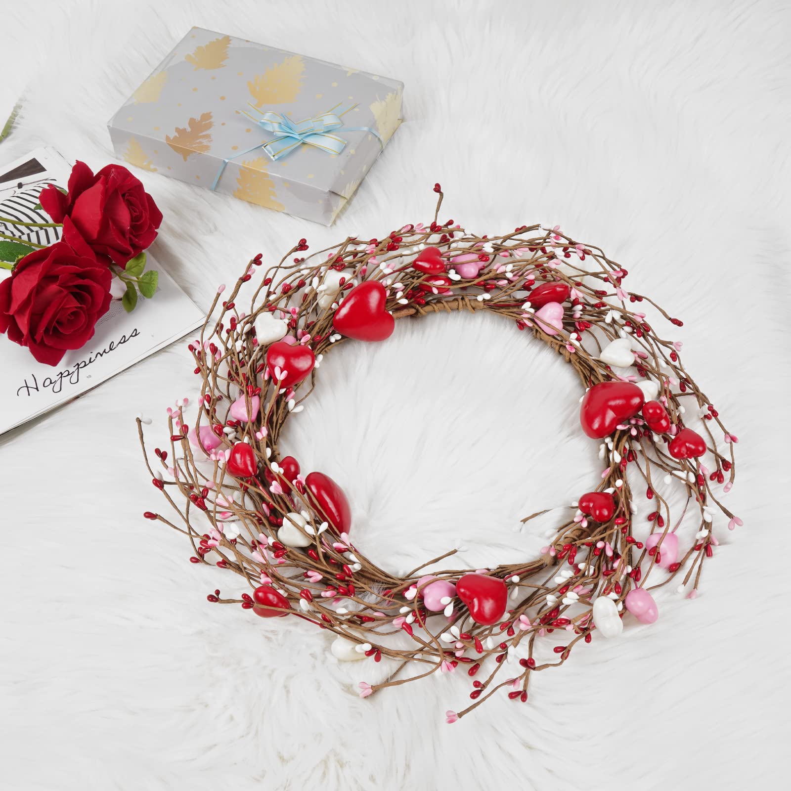 Mothers Day Decorations - 18'' Front Door Wreath, Heart Shaped Wreath Red Pip Berry Rustic Twig Wooden Sign Anniversary Wedding Home Office Wall Decorations (Red)