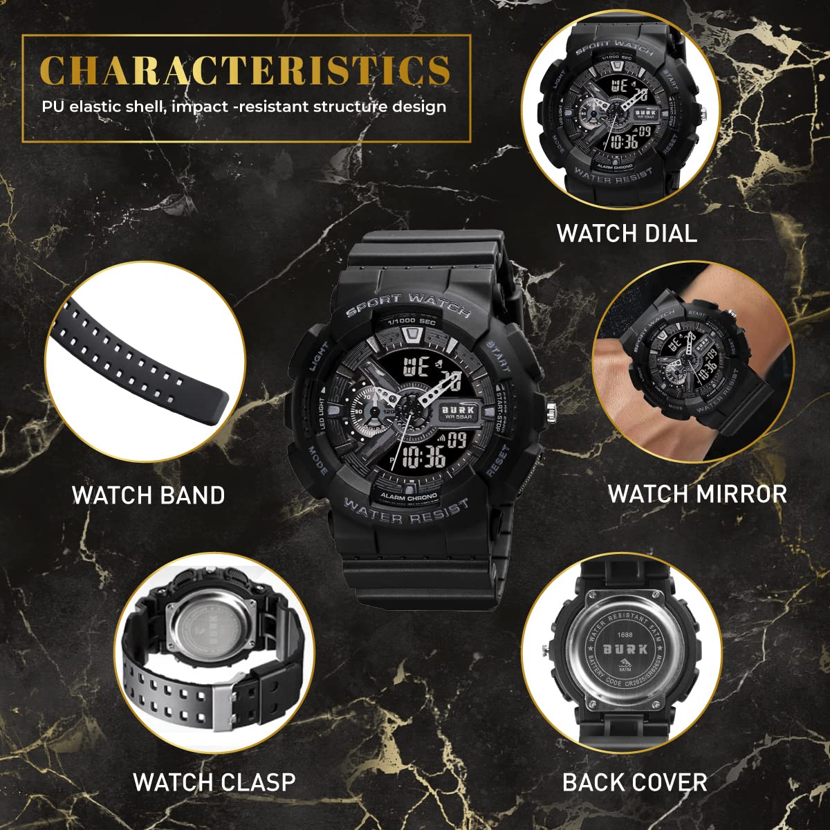 BURK 1688BK Military Wristwatch Men Water Shock Resistant Dual Time Sports Digital LED Display