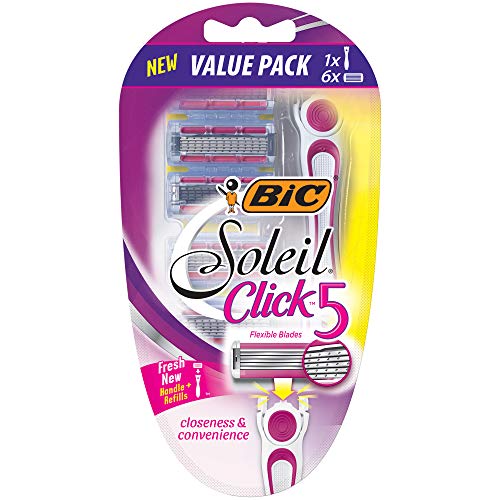 BIC Click 5 Soleil Women's Disposable Razors, 5 Blades With a Moisture Strip For a Smoother Shave, 1 Handle and 6 Cartridges, 7 Piece Razor Set