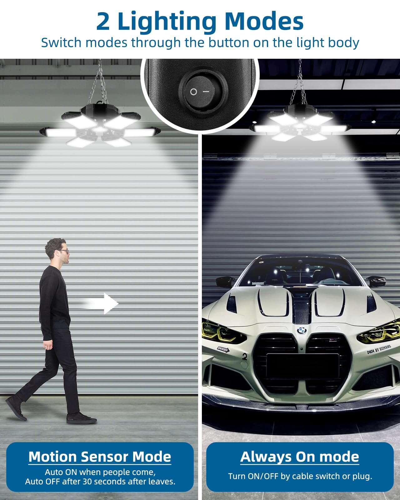 FAMURE Garage Light with Motion Sensor, 185W LED Ceiling Shop Lights Plug in, 18500Lm Super Bright 6000K Motion Indoor Lamp with 6 Deformable Panels, Linkable Ceiling Garage Lights for Warehouse