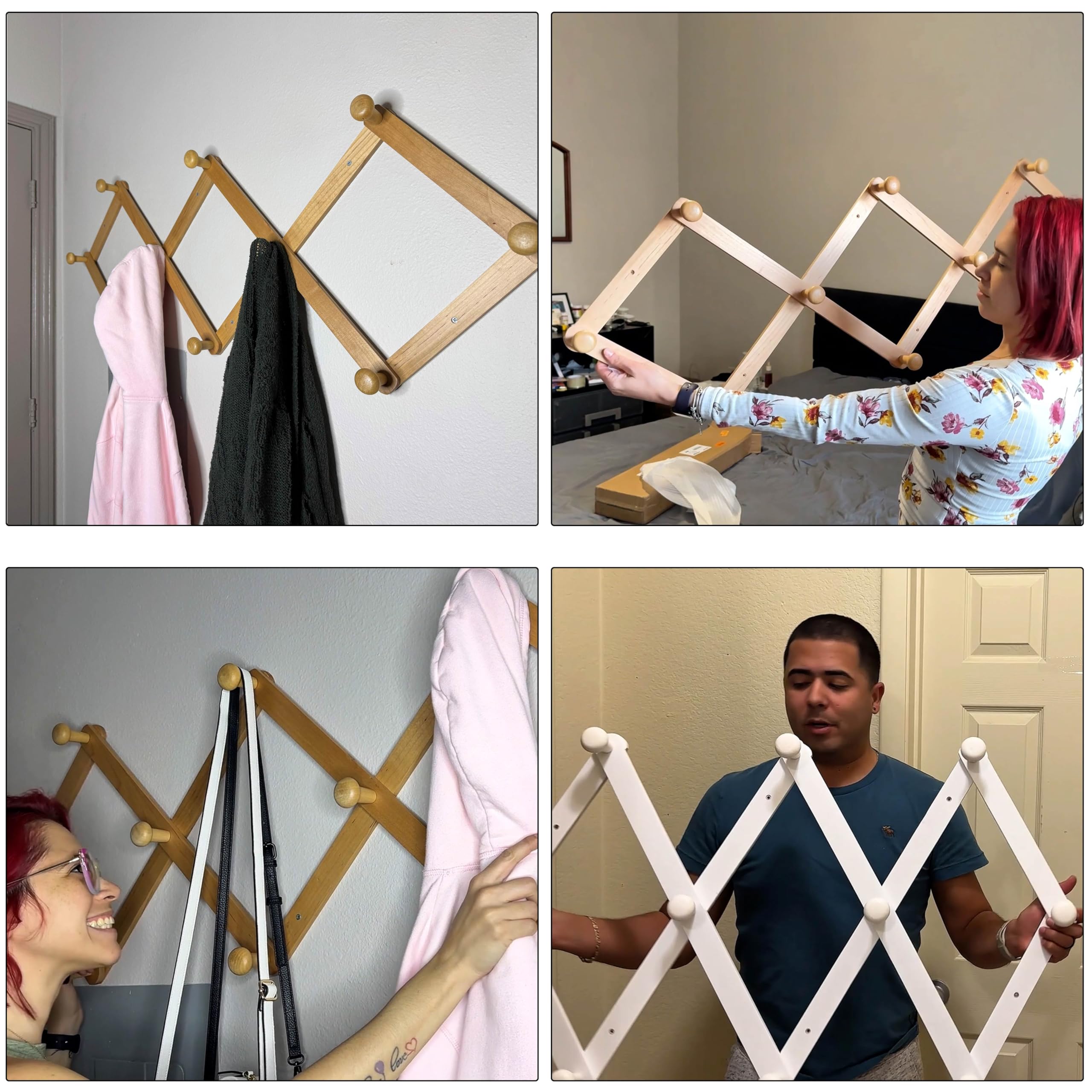 Dseap Expandable Coat Rack (Larger Version) - 24β High, Anti-Slip, Ultra Heavy Duty Wooden Accordian Wall Hanger with 10 Study Peg Hooks for Clothing Hats Jackets Bags, White