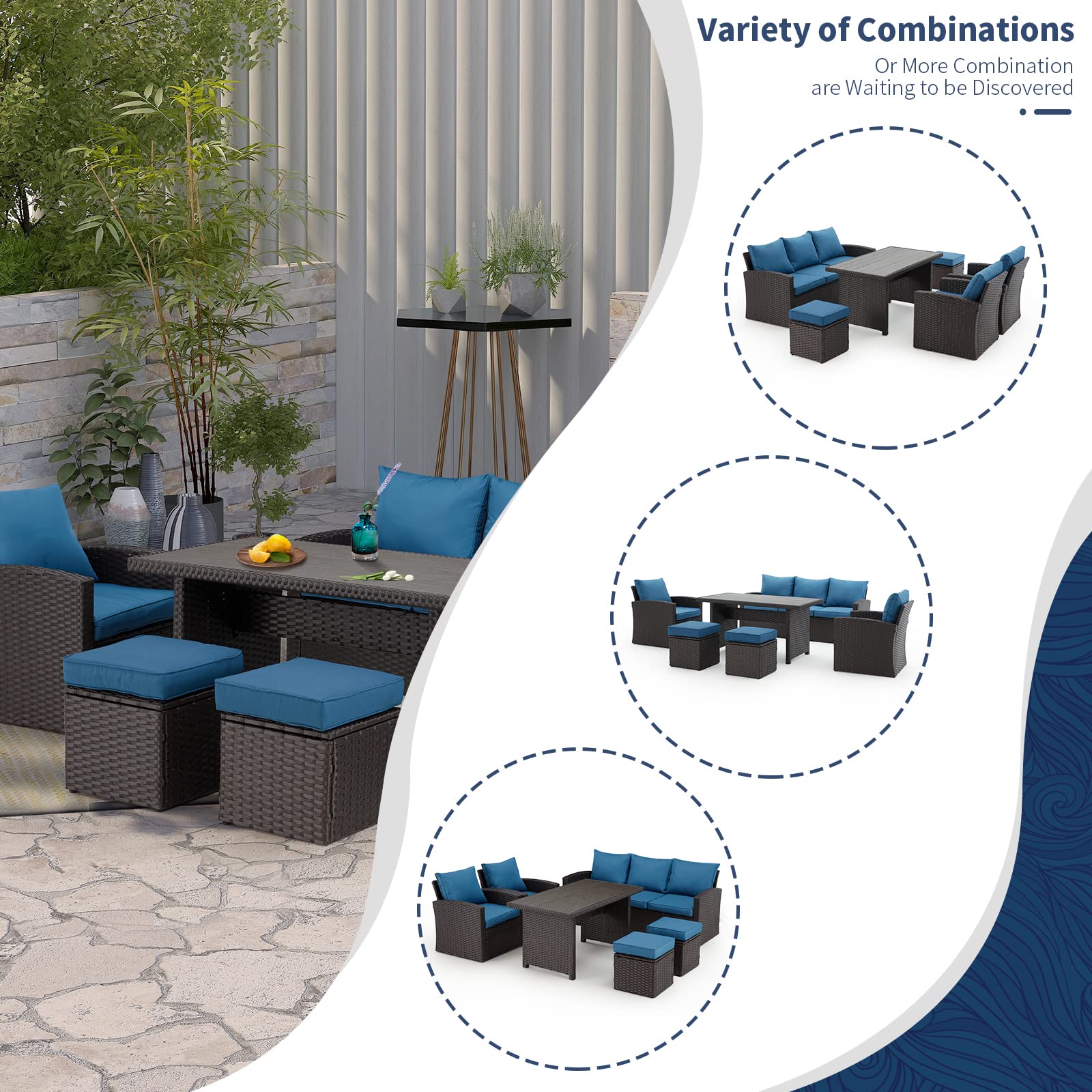 HOMREST 6 Pieces Patio Furniture Sets Clearance, Patio Dining Sofa Set Outdoor Sectional Sofa Conversation Set All Weather Wicker Rattan Couch Dining Table & Chair (Blue)