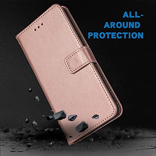 FDCWTSH Compatible with Infinix Smart 5 Wallet Case Wrist Strap Lanyard and Leather Flip Card Holder Stand Cell Accessories Mobile Folio Phone Cover for Infinix Smart 5 2020 Women Men Rose Gold