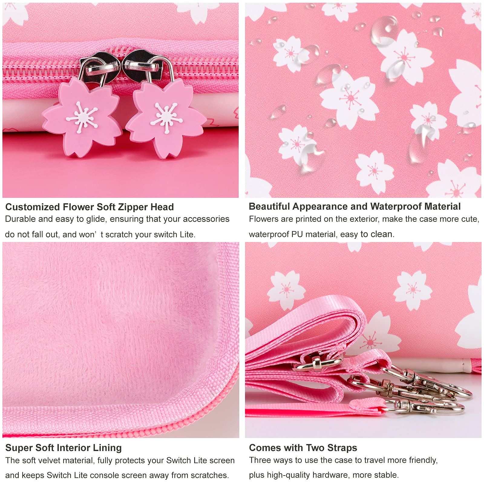 Tscope Cute Carrying Case for Nintendo Switch Lite, Pink Sakura Portable Hard Shell Girls Travel Storage Bag, with Glass Screen Protector & Thumb Grip Caps (Switch Lite Pink)