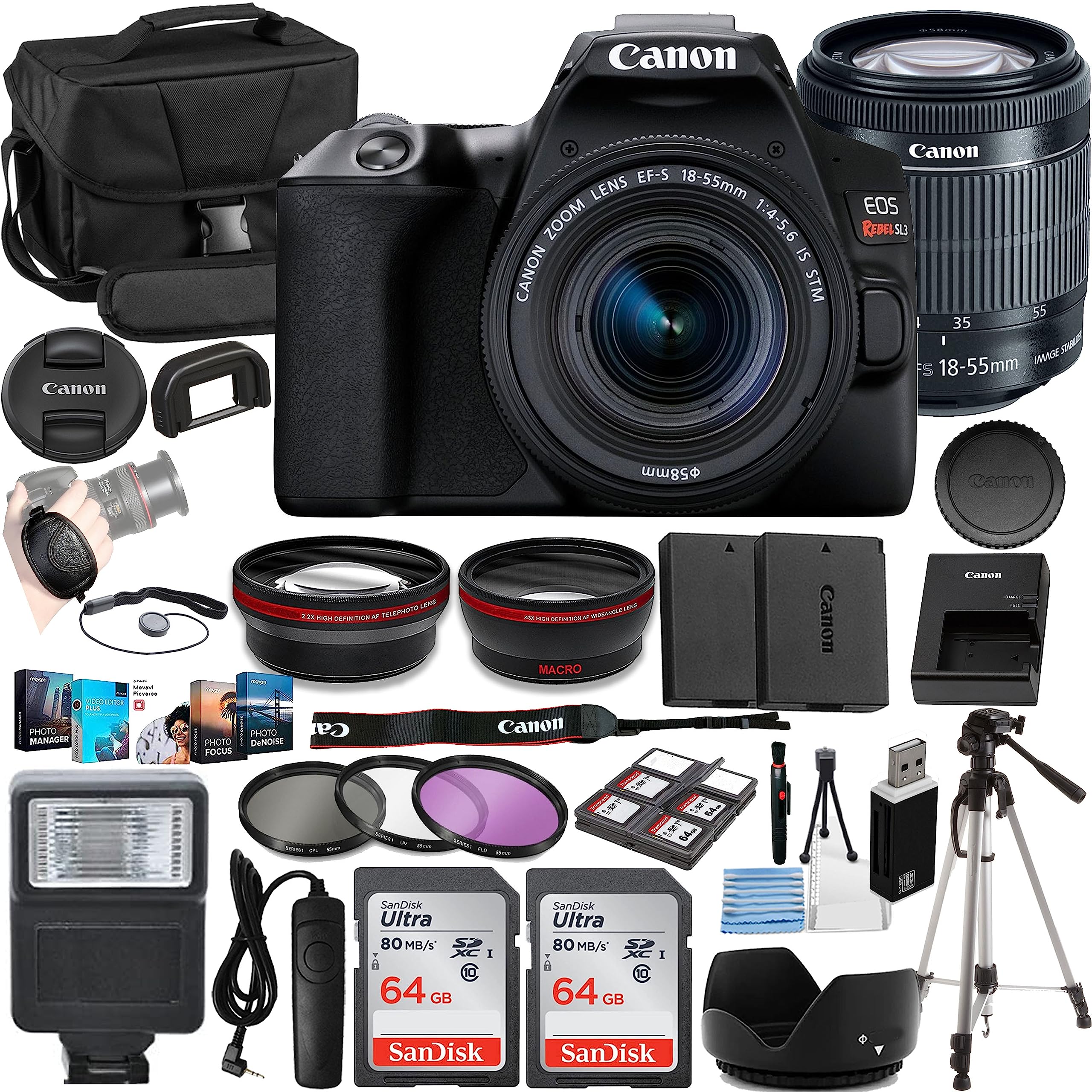 Canon Rebel SL3 Vlogger Kit:EF-S 18-55mm is II Lens,128GB Memory,Tripod,3 Piece Filter Kit,Gadget Bag,Remote Shutter,USB Card Reader,Cleaning Kit & Software Package