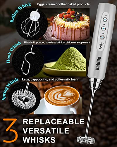 Nahida Handheld Milk Frother for Coffee with Stand, Rechargeable Drink Foam Mixer with 3 Heads 3 Speeds Electric Stirrers for Latte, Cappuccino, Hot Chocolate, Egg, Cord-Free