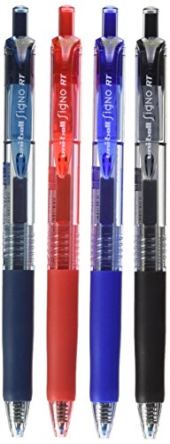 Uni-ball Signo RT Rubber Grip & Click Retractable Ultra Micro Point Gel Pens, 0.38mm, Black, Blue, Red, Blue Black Ink, Set of 4