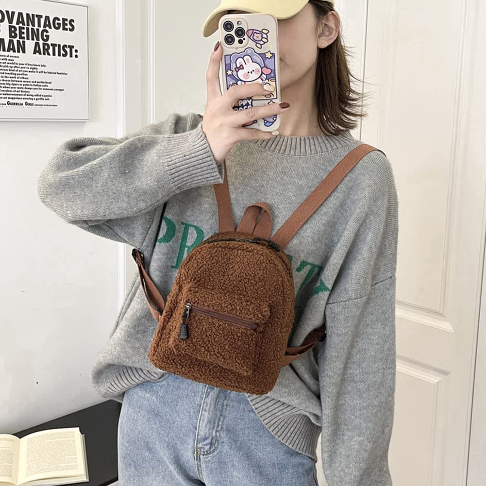 CLBDBAG Women Wool Solid Color Mini Knapsack Female Preppy Style Autumn Winter Rucksacks
