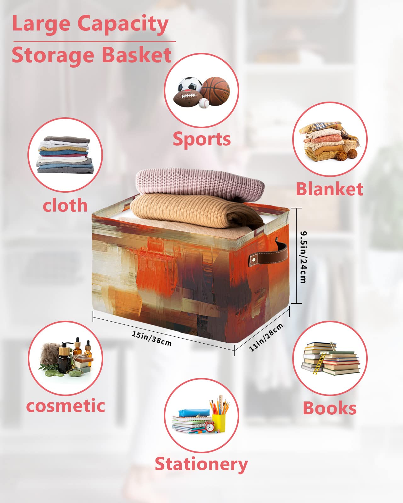 Burnt Orange Storage Basket Waterproof Cube Storage Bin Organizer with Handles, Modern Geometric Oil Painting Abstract Art Collapsible Storage Cubes Bins for Clothes Books Toys 15"x11"x9.5" 1 Pcs