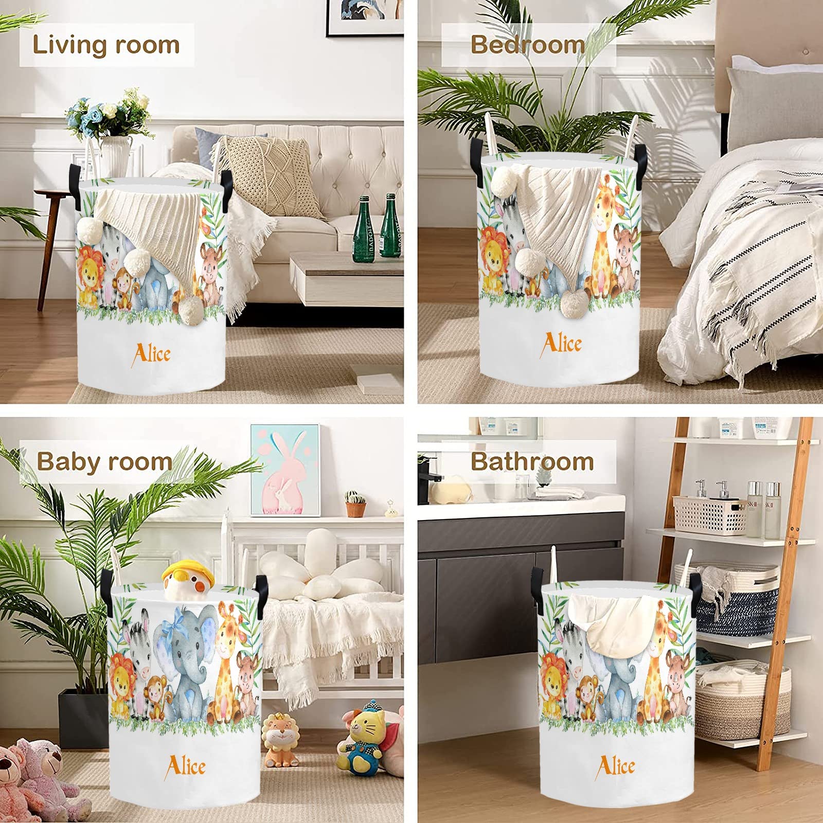 Customized Laundry Basket Name Organizer Bin Laundry Hamper with Handle Clothes Hamper for Nursery Clothes Toys Decor(Giraffe Monkey Elephant Animal)