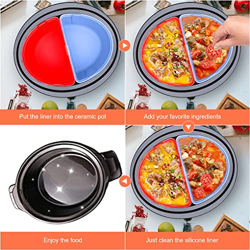 Nantala Slow Cooker Liners, 2 IN 1 Silicone Slow Cooker Divider Liners for 6 Quart Pot, BPA-Free & Reusable & Dishwasher Safe, Cooking Liners for Crock-Pot 6-7 Quart Oval Slow Cooke(Red+Blue)