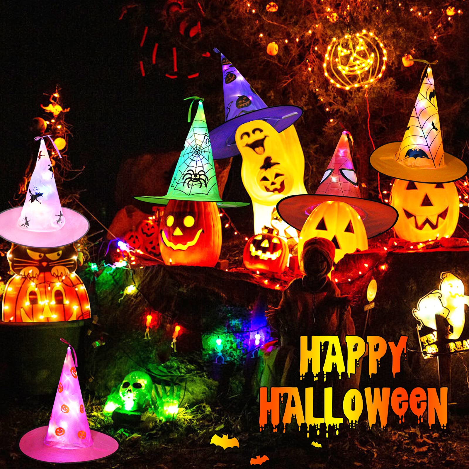 Party Hats Lights Witch Hats Decorations, 6pcs Hanging or Wearing Hat Lights Waterproof Witch Hats Decor for Halloween Party Home Garden Yard Decoration