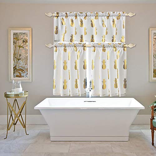 OREMILA Kitchen Curtains 36 Inch Tier Curtains for Living Room Pineapple Cafe Curtains for Bathroom Metallic Print Golden Pineapple Short Window Curtain Set Rod Pocket, 2 Panels