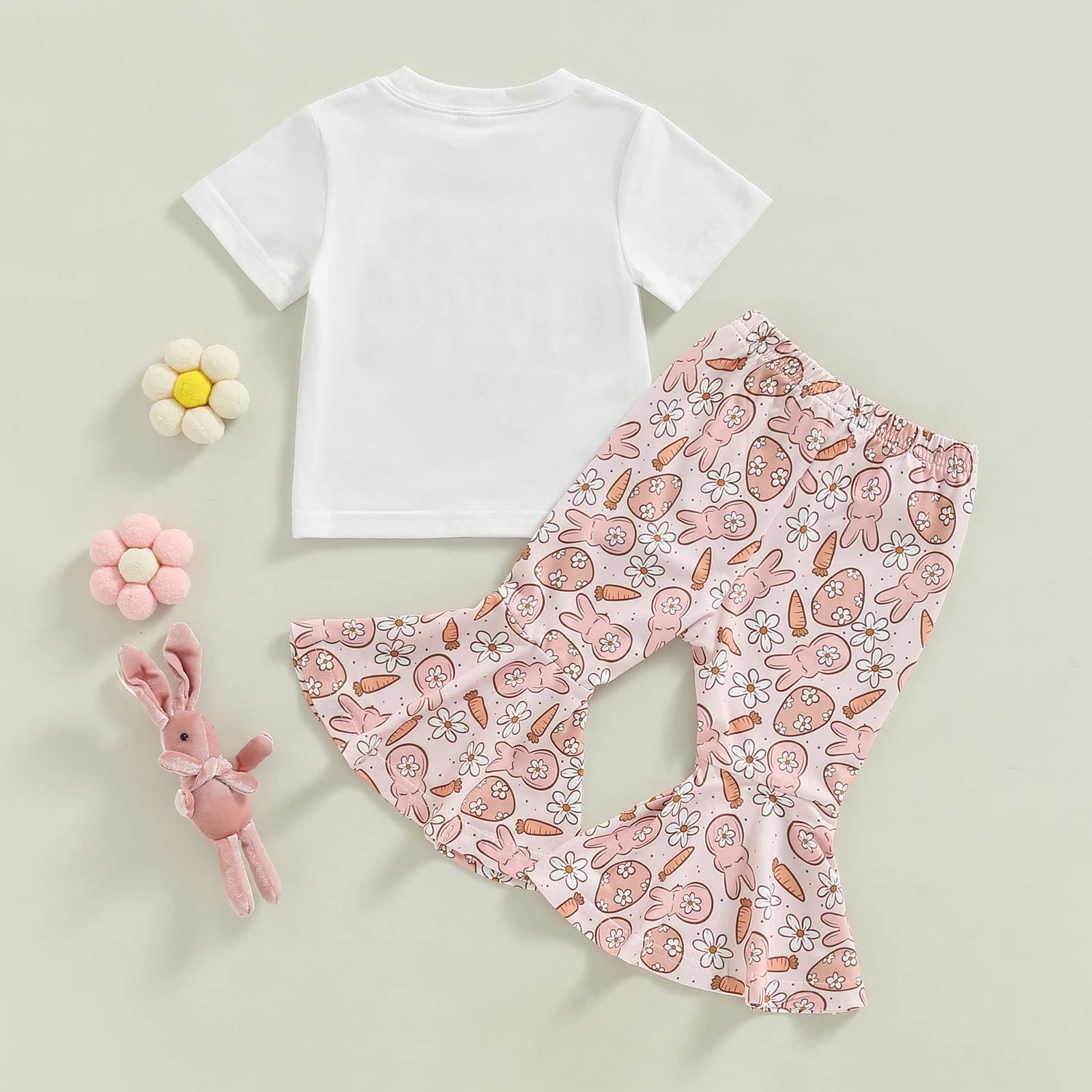 Fernvia Toddler Baby Girl Easter Outfits Short Sleeve Letter Shirts Bunny Flared Bell Bottom Pants Set Easter Clothes 6M-4T (Easter A, 6-12 Months)