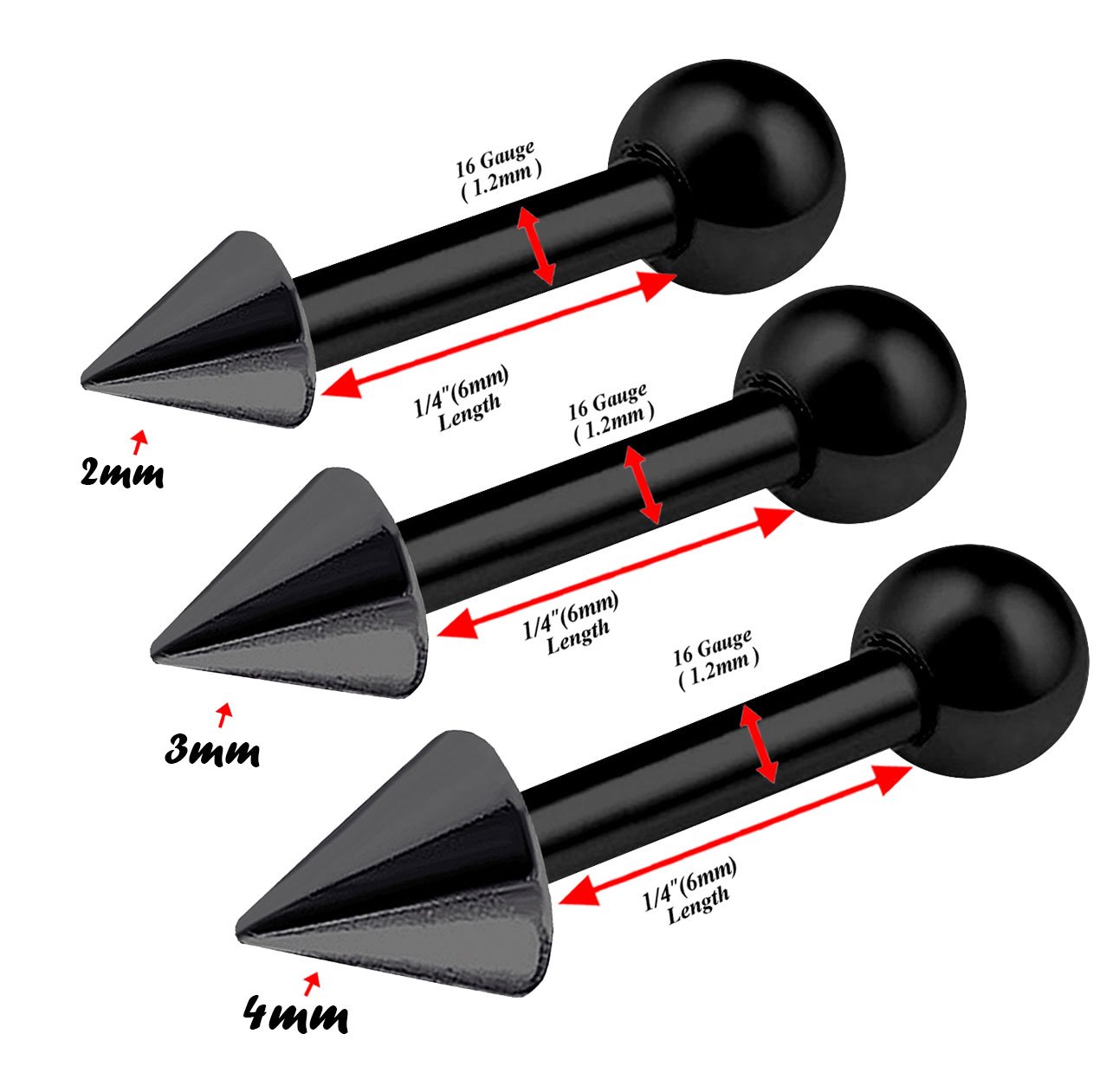 bodyjewellery 3pcs 16g 1/4 Barbell Cartilage Earring Vertical Tragus Ear Lobe Stud Triple Forward Helix black Anodized Steel Spike