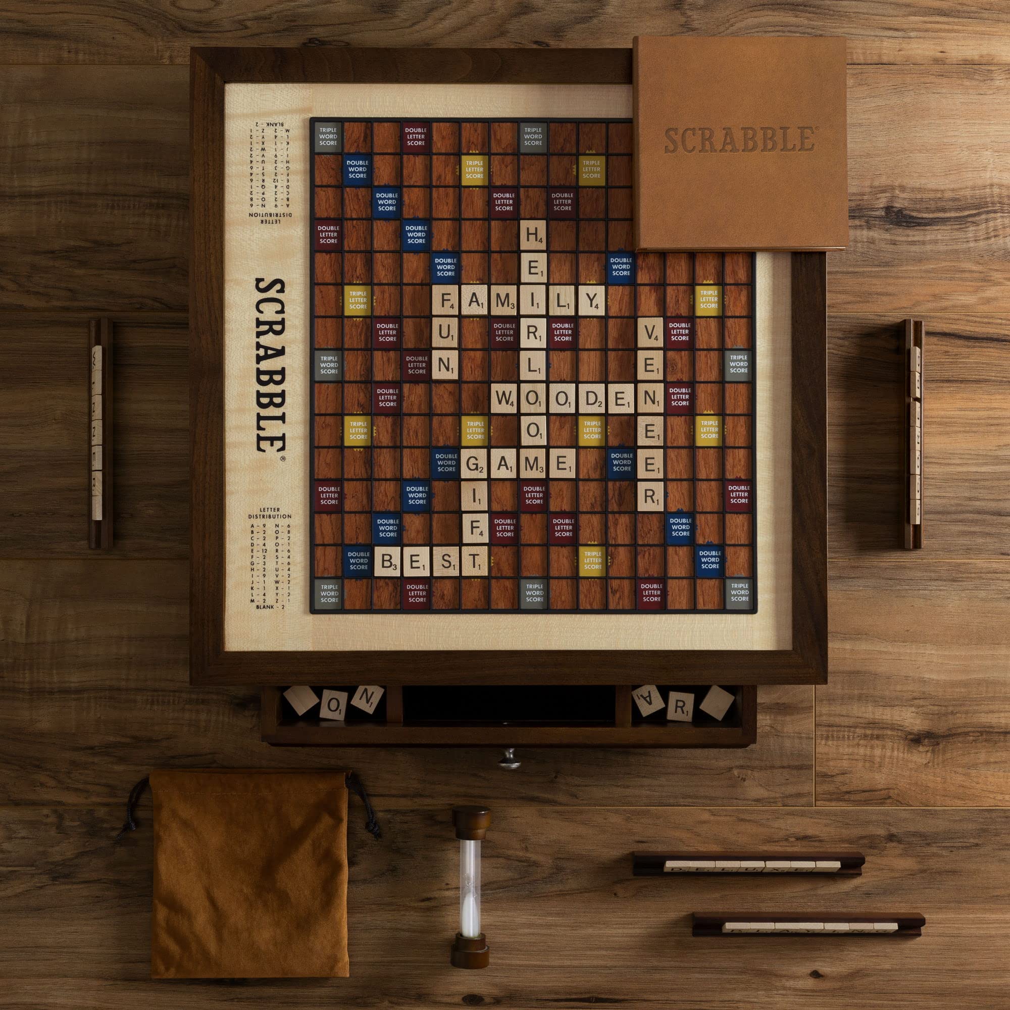 WS Game Company Scrabble Heirloom Edition with Rotating Solid Walnut Cabinet