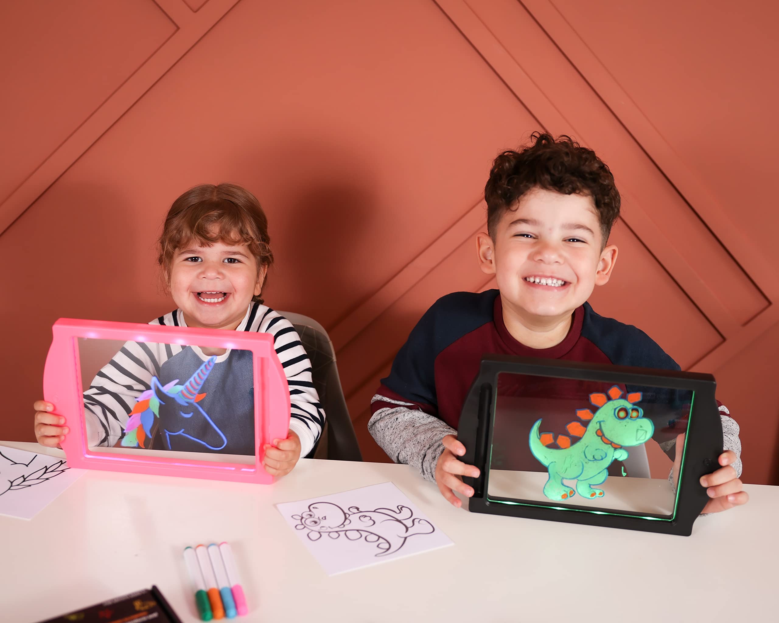 Marvin's Magic - Glow Art Unique Craft Kit | Light Up Kids Art Set | Includes Neon Effect Drawing Board with A Built-in Stand and 4 Fluorescent Magic Pens - Pink