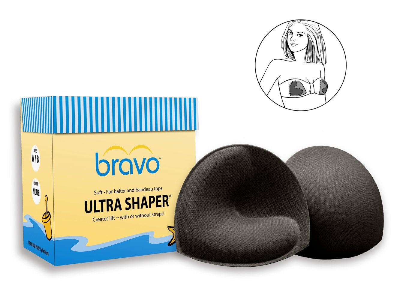 Bravo Women's Ultra Shaper Bra Pads. Rounded top, Push up and in. (Black, A/B)