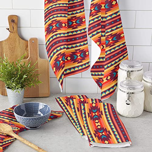 Kitchen Towel Indian Geometric Ethnic Tribal Art Dish Cloths 4 Pack 18x28in,Super Absorbent Tea Hand Towels Bathroom Cleaning Cloth Abstract Vintage Native Texture Soft Dishcloth for Drying Dishes