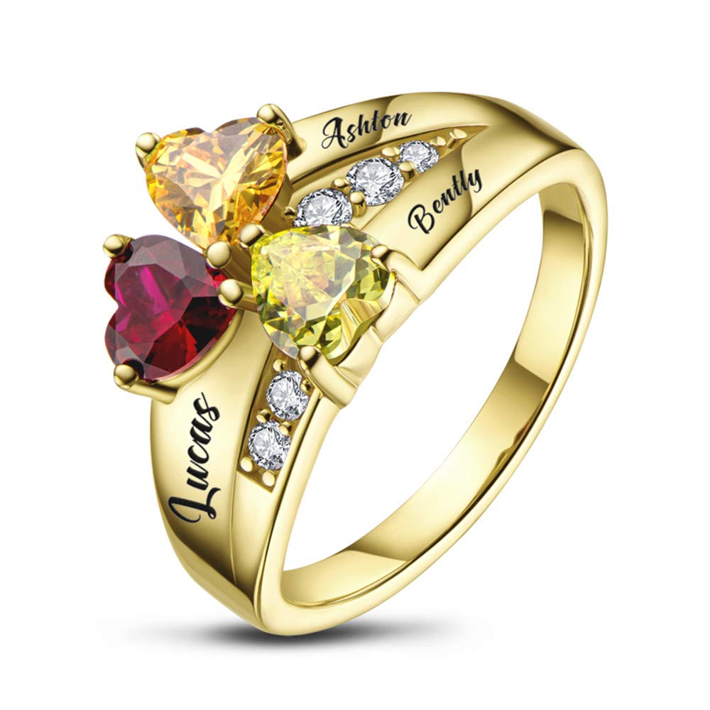 BAUMA Mothers Ring Personalized Sterling Silver Mothers Rings Family Ring with 3 Simulated Birthstones for Grandmother Mother Meaningful Anniversary Rings (Gold, 7)