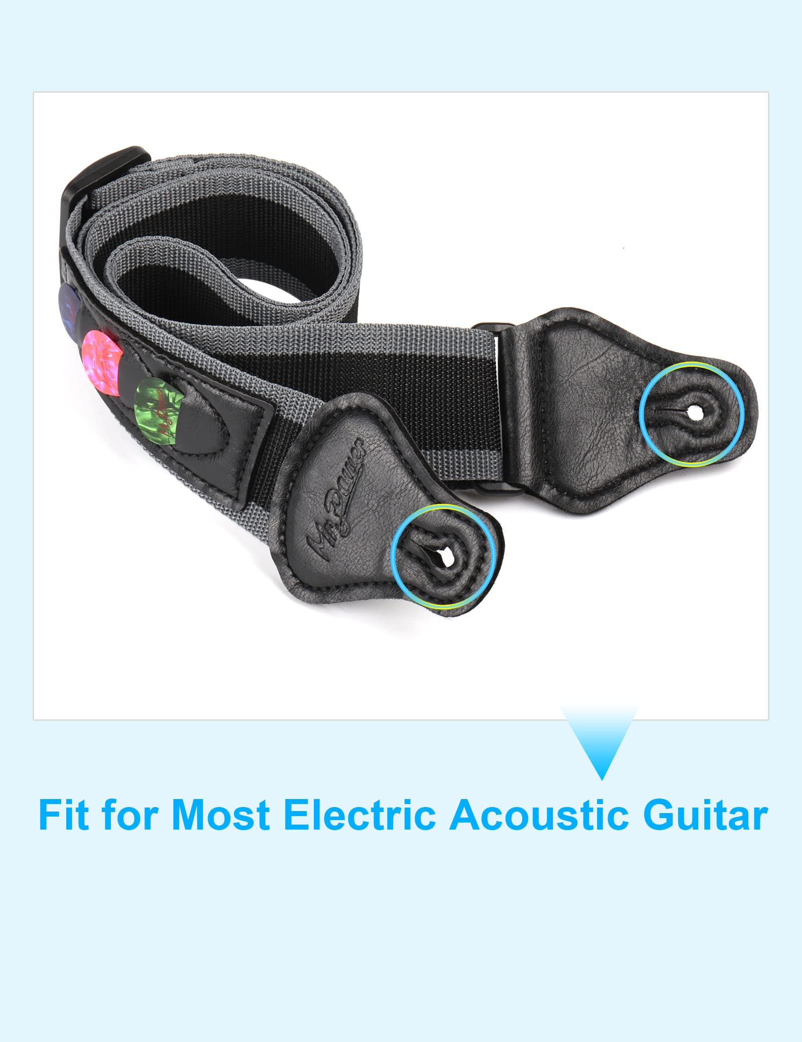 Mr.Power Guitar Strap 36.6in - 65in with 3 Pick Holders for Electric/Acoustic (Nylon Strap with Accessories)