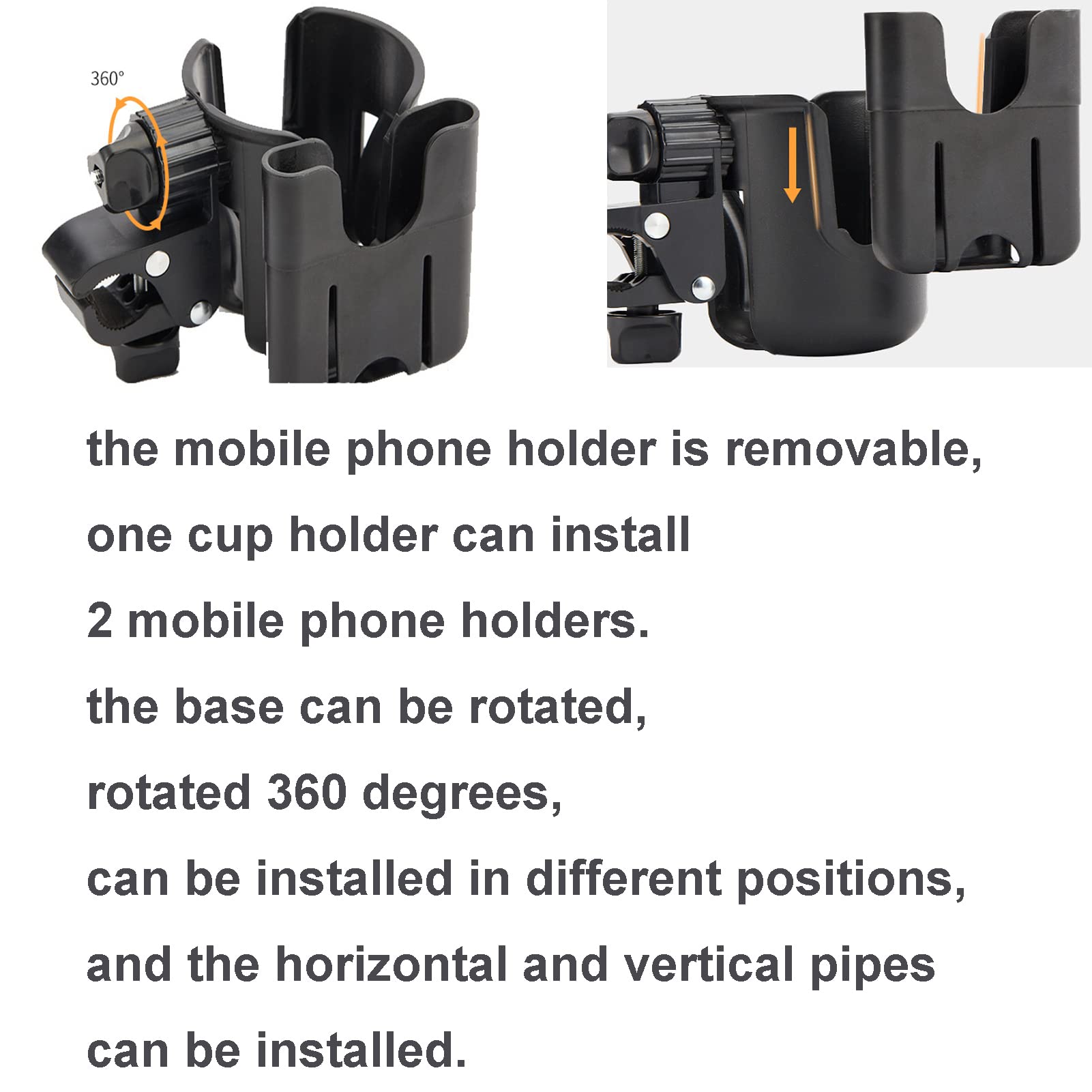 Cup Holder 2 in 1, Stroller Cup Holder, Bike Cup Holder, Stroller Organizer, Stroller Cup Holder with Mobile Phone Holder, 360 Rotation Drink Phone Holder for Bike Pushchair Wheelchair Walker Bicycle