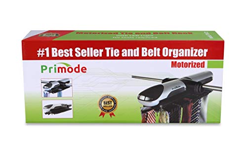 Primode Motorized Tie Rack Closet Organizer with LED Lights, Bonus Stainless Steel Tie Clip Set, Includes J Hooks for Wired Shelving Stores Up To 72 Ties with 8 Belts, Rotation Operates With Batteries