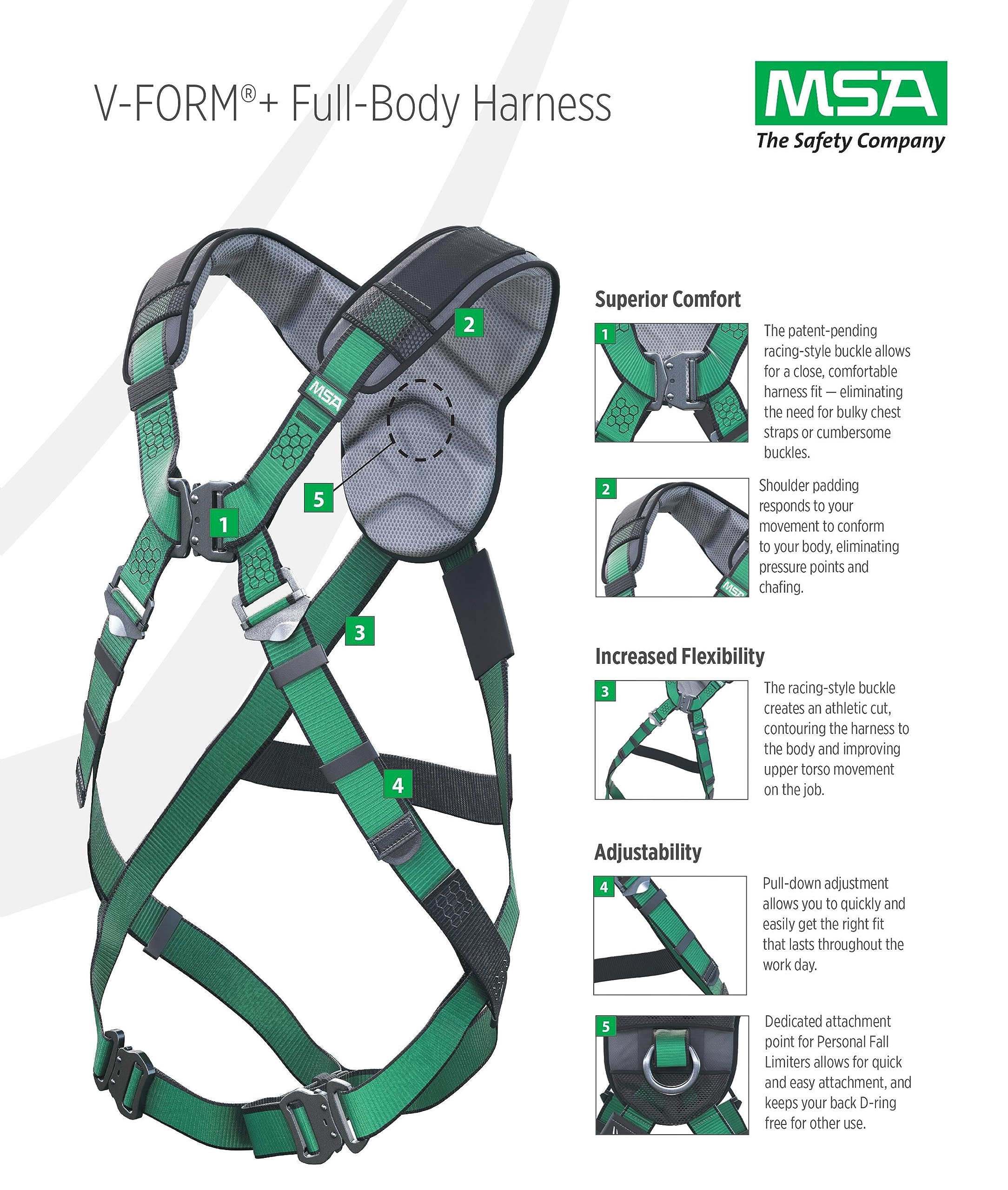 MSA 10205845 V-Form+ Full Body Safety Harness - Size: Standard (Medium), D-Ring Configuration: Back, Tongue Buckle Leg Straps, With Shoulder Padding, Full Body Harness
