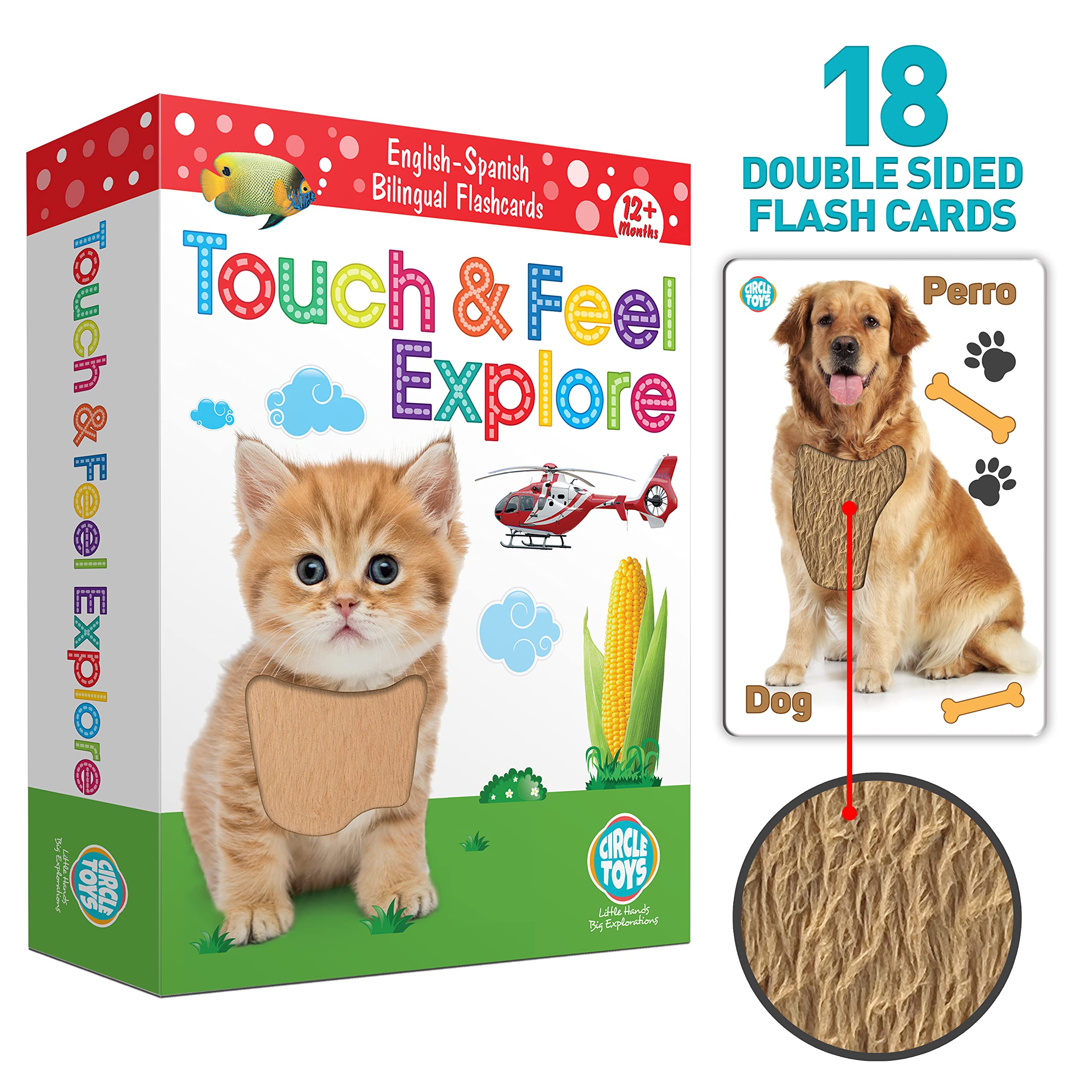 My Touch and Feel English Spanish Bilingual Picture Double Sided Sensory Flash Cards for Infant, Toddlers, Kids, Learn Animals, Fruits, Objects and Vehicles, Fun Learning and Educational Flashcards