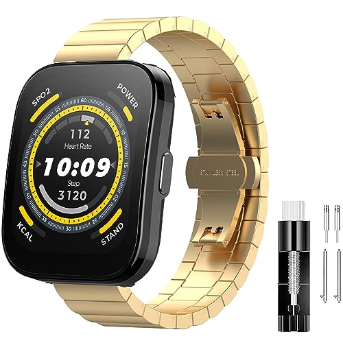FitTurn Compatible with Amazfit Bip 5 Watch Band 22mm, Stainless Steel Metal Bands Straps Wristbands with Adjustment tool for Amazfit Bip 5 GPS Smart Watch Men Women (Gold)