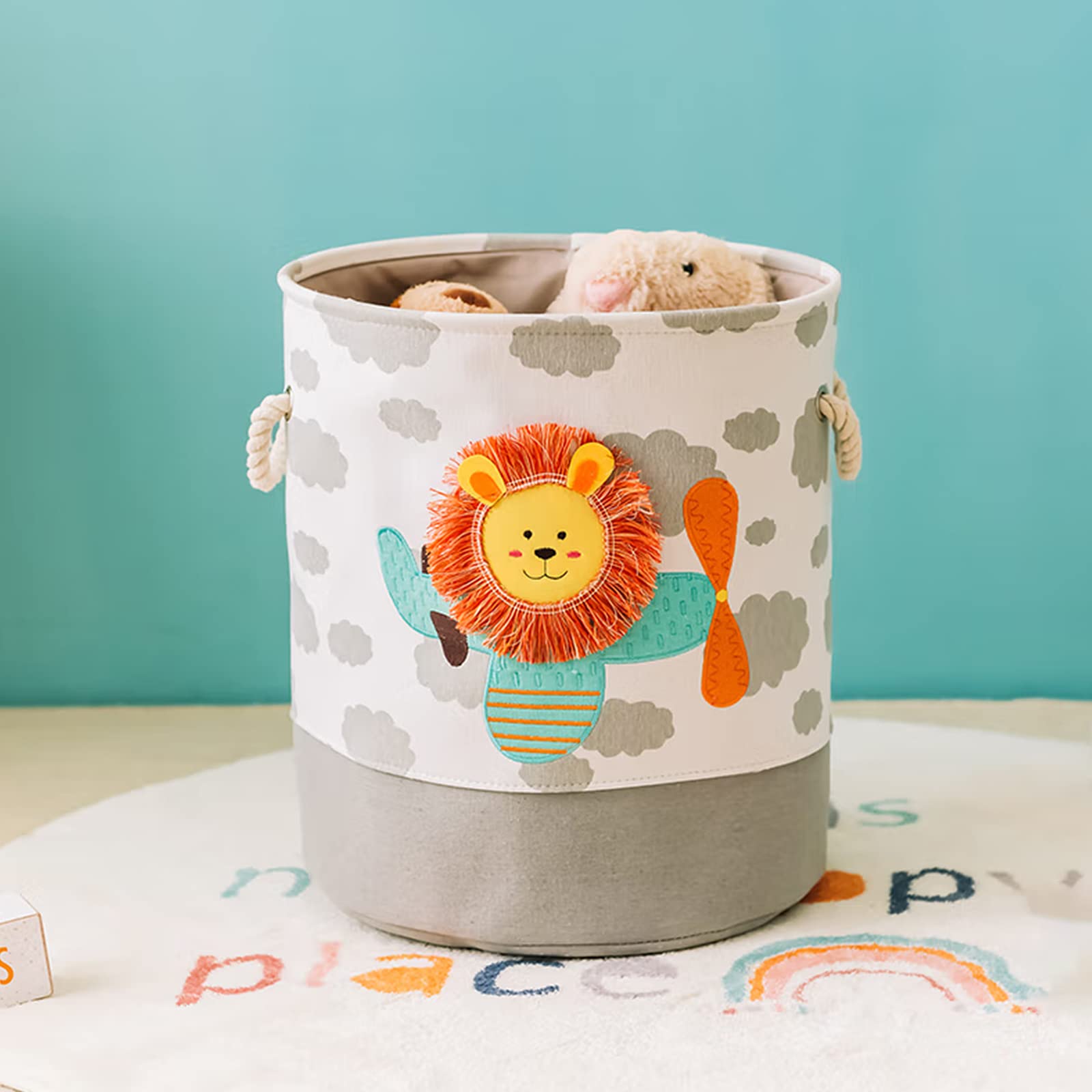 Cute Babys Laundry Basket - Kids Laundry Hamper for Boys, (Lion) Collapsible Thicken Durable Toys Organizer Storage Round Baskets and Nursery Bedroom Decor (Light Grey)