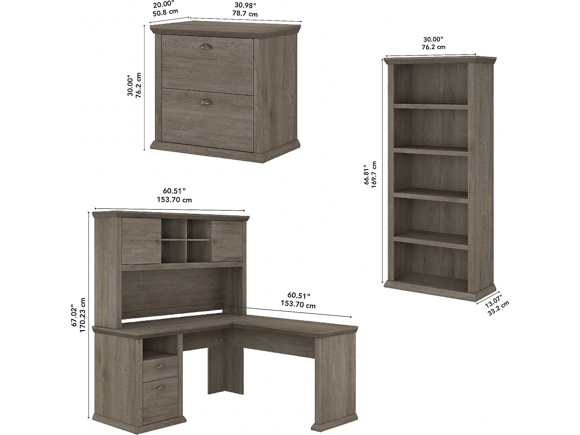 Bush Furniture Yorktown L Shaped Desk with Hutch, Lateral File Cabinet and 5 Shelf Bookcase, 60W, Restored Gray