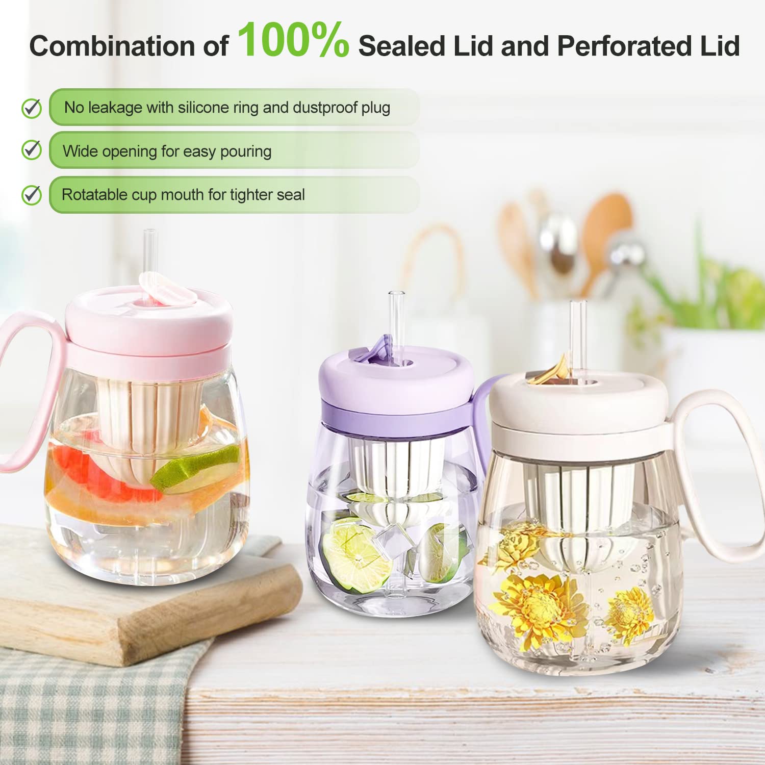 BYMIOYA 30 oz Glass Tumbler - Festive Gift for Christmas & Valentine's Day - Reusable Boba Cup with Tea Infuser, Lid, Straw, Handle. Ideal for Smoothies, Leak-Proof Mason Jar with Food-Grade Silicone