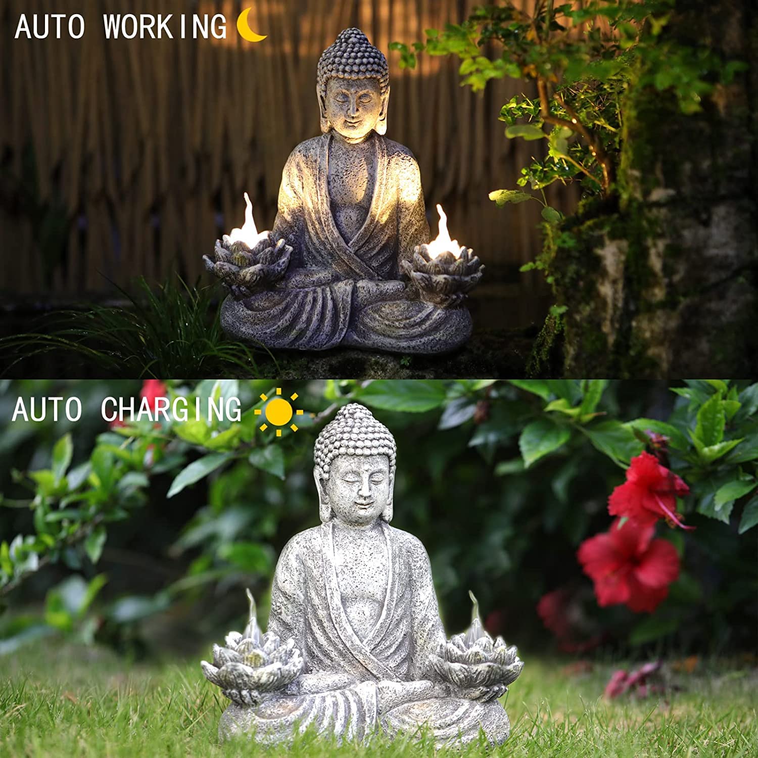 Buddha Statue Zen Sculpture 11.4in Large Size,Yoga Garden Decor with LED Solar Lotus Lights, Sitting Meditating Buddha Serene Resin Figurine for Patio Yard Lawn Ornaments, Backyard,Inside or Outside…