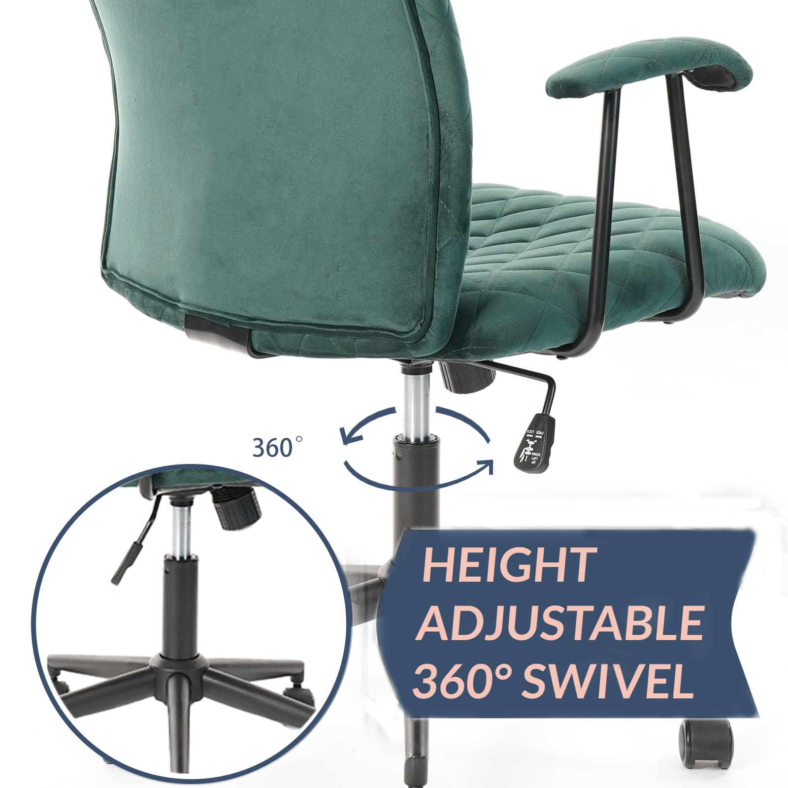 KLASIKA Dark Green Home Office Chair, Vintage Upholstered Adjustable Swivel Arm Chair with Lumbar Support Wheels, Mid-Back Leisure Velvet Vanity Task Chair 4 Pack