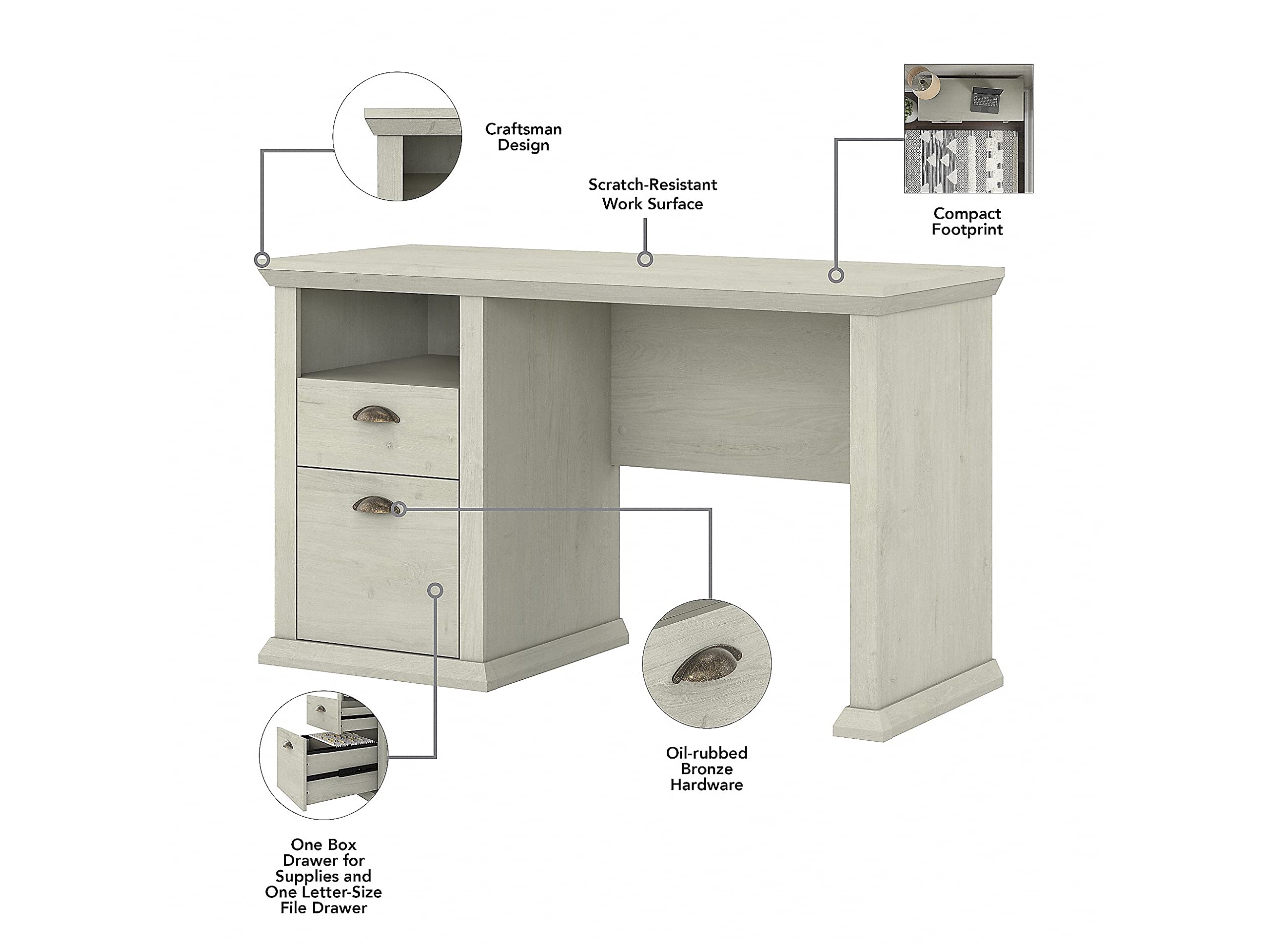 Bush Furniture Yorktown Home Office Desk with 5 Shelf Bookcase, 50W, White Oak